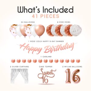 EpiqueOne 41-Piece Rose Gold Sweet 16 Birthday Decoration for Girls | Includes Happy Birthday Banner, Cake Topper, Tissue Pom Poms & More | Easy to Set Up | Also Ideal for Bridal & Baby Showers & More