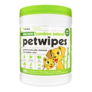 petkin mega petwipes, 200 wipes - bamboo pet wipes for dogs and cats - for face, paws, ears, body and eye area - super convenient dog cleaning wipes, ideal for home or travel - easy to use