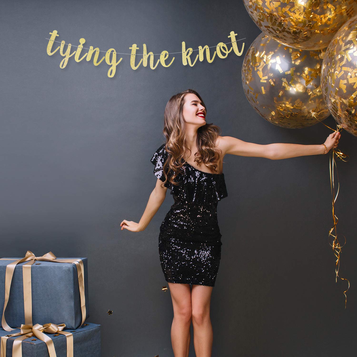 LINGTEER Tying the Knot Gold Glitter Bunting Banner Perfect for Wedding Bridal Shower Party Decorations.