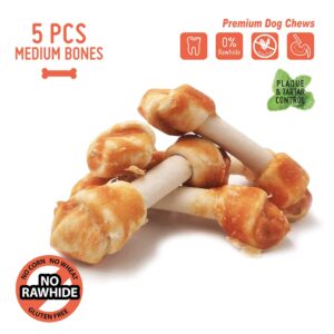 LuvChew Chicken Dog Chew Bones Medium, Rawhide Free, Grain Free, Made with Real Chicken & Wholesome Vegetables, Knotted Bones Medium 5pcs/Pack