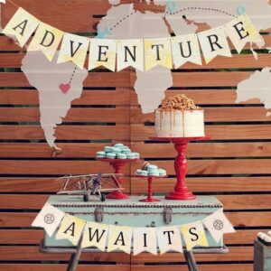 jevenis adventure awaits banner bon voyage banner travel theme banner world map travel themed baby shower banner vintage atlas map banner for bridal shower graduation party moving party