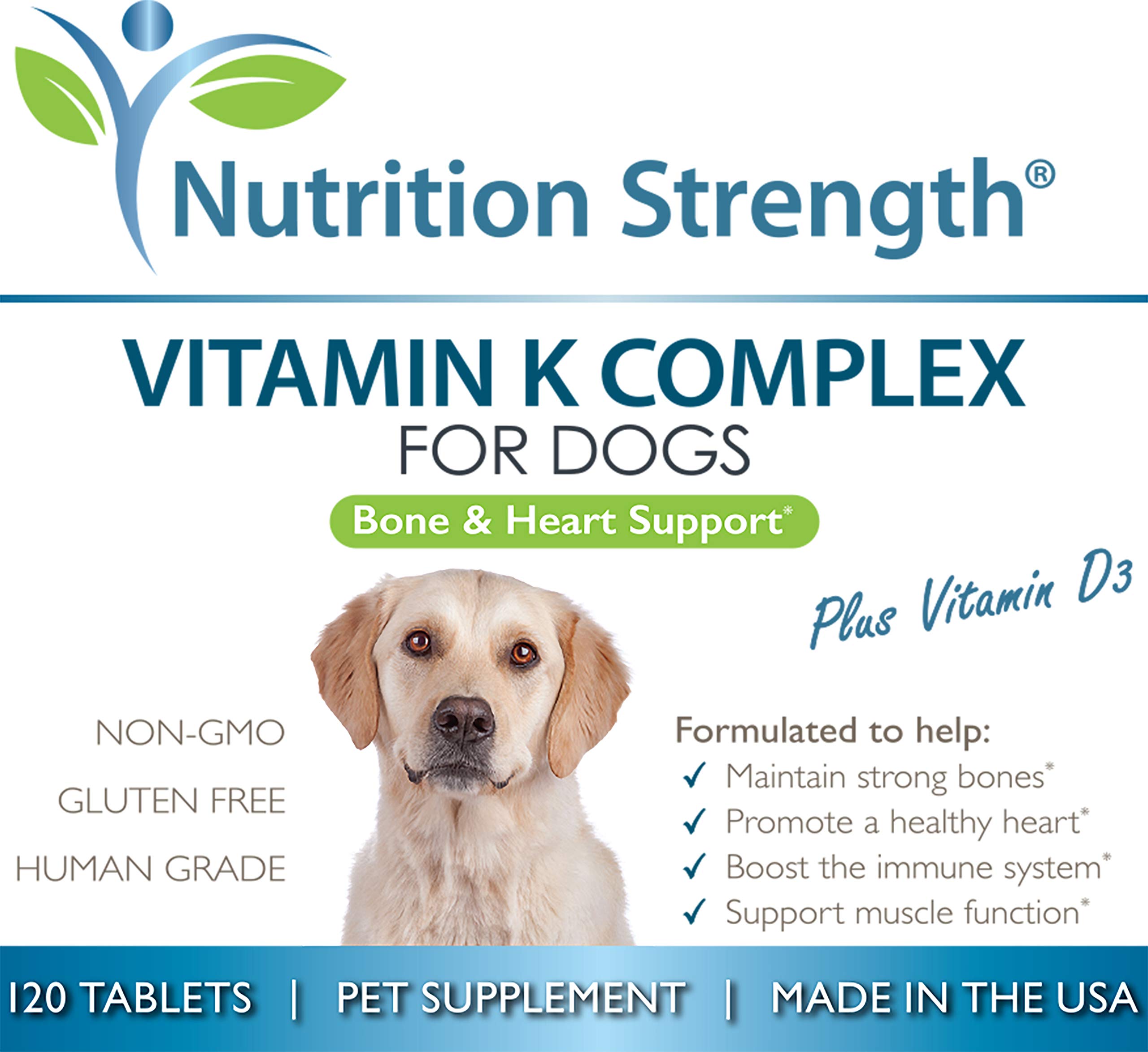 Nutrition Strength Vitamin K for Dogs, Vitamins K1 & K2 (MK4 & MK7) + Vitamin D3, Help Maintain Strong Bones, Promote Healthy Heart, Boost Immune System, Support Muscle Function, 120 Chewable Tablets