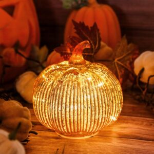 hvfun mercury glass light up pumpkin with timer- fall decoration for home-lamps for festive decoration-halloween decorations (gold)