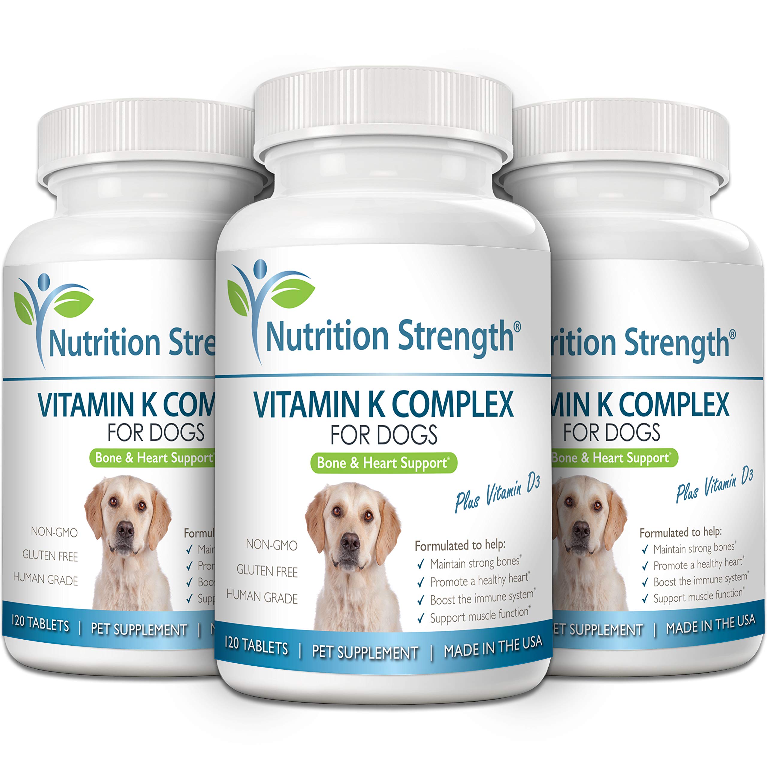 Nutrition Strength Vitamin K for Dogs, Vitamins K1 & K2 (MK4 & MK7) + Vitamin D3, Help Maintain Strong Bones, Promote Healthy Heart, Boost Immune System, Support Muscle Function, 120 Chewable Tablets