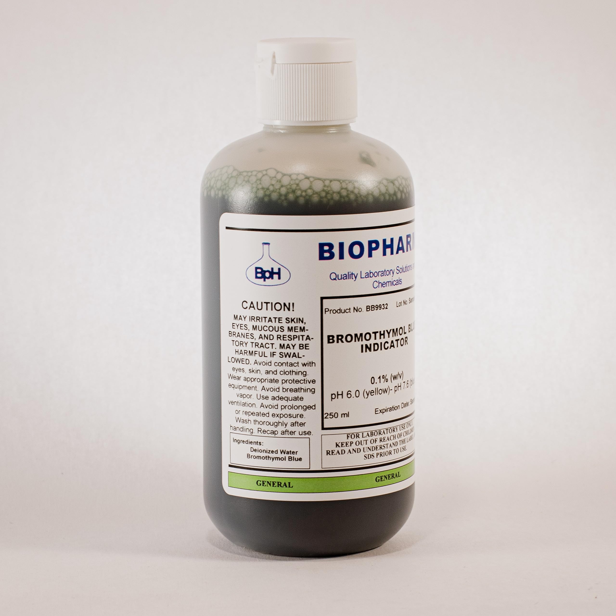 Biopharm Bromothymol Blue Indicator 0.1% (w/v) Aqueous Solution | 250 mL | Includes an Empty 50 mL Dropper Bottle and Dispensing Cap | pH 6.0 (Yellow)-pH 7.6 (Blue)