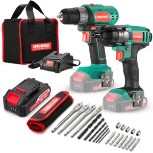 cordless drill driver and impact driver 20v, hychika drill combo kit, 2x2.0ah batteries, 1h fast charging, 22pcs accessories for drilling wood, metal and plastic