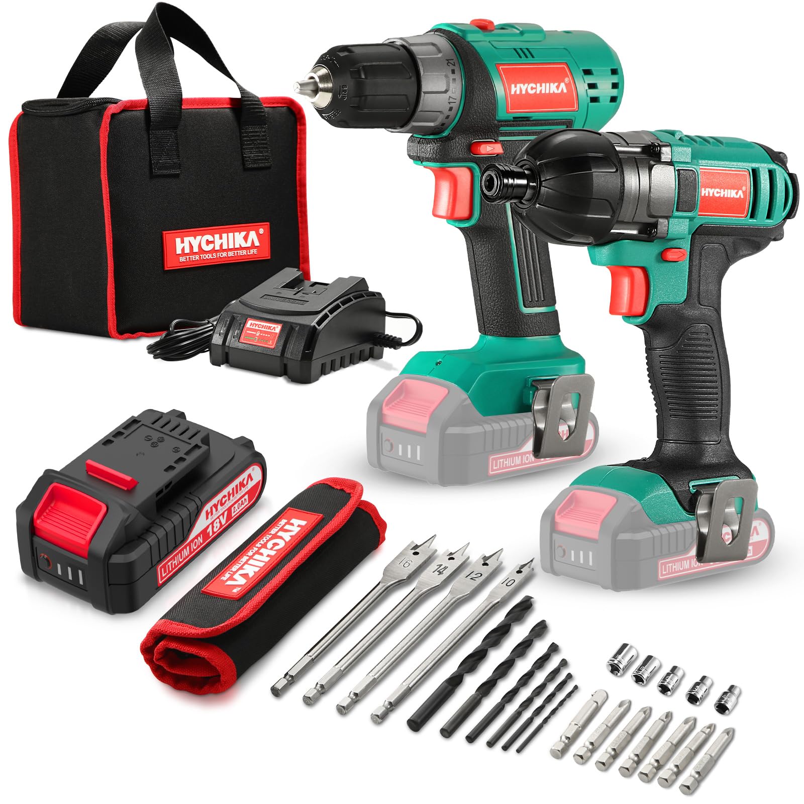 Cordless Drill Driver and Impact Driver 20V, HYCHIKA Drill Combo Kit, 2x2.0Ah Batteries, 1H Fast Charging, 22PCS Accessories for Drilling Wood, Metal and Plastic