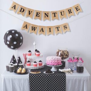 LINGTEER Adventure Awaits Burlap Banner Bunting Bon Voyage Travel Retirement Graduations Wedding Party Pennant Decorations Supplies - [Pre Strung].