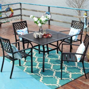 MFSTUDIO 37" x 37" Square Outdoor Dining Table Patio Bistro Table Powder-Coated Steel Frame Top Umbrella Stand Deck Outdoor Furniture Garden Table, Black