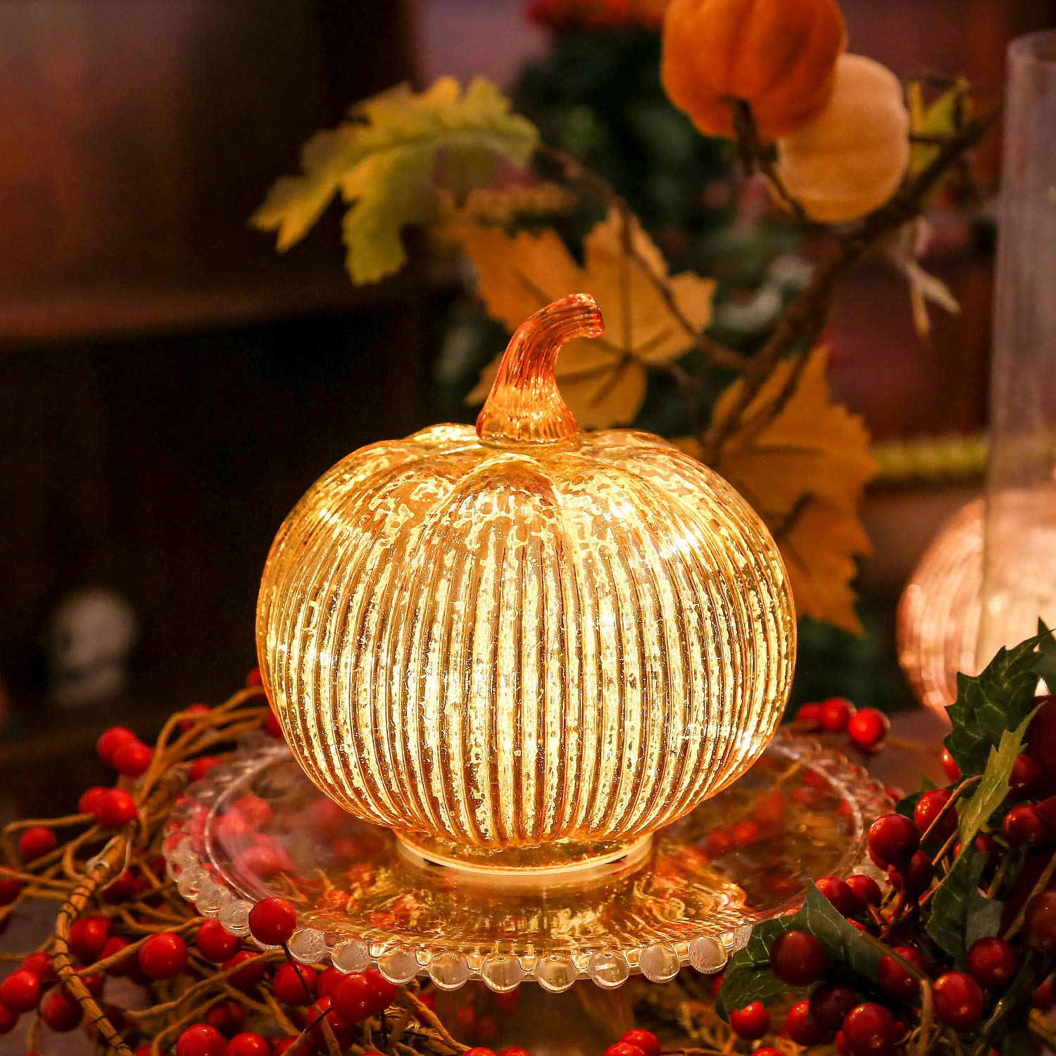 hvfun Mercury Glass Light up Pumpkin with Timer- Fall Decoration for Home-Lamps for Festive Decoration-Halloween Decorations (Gold)