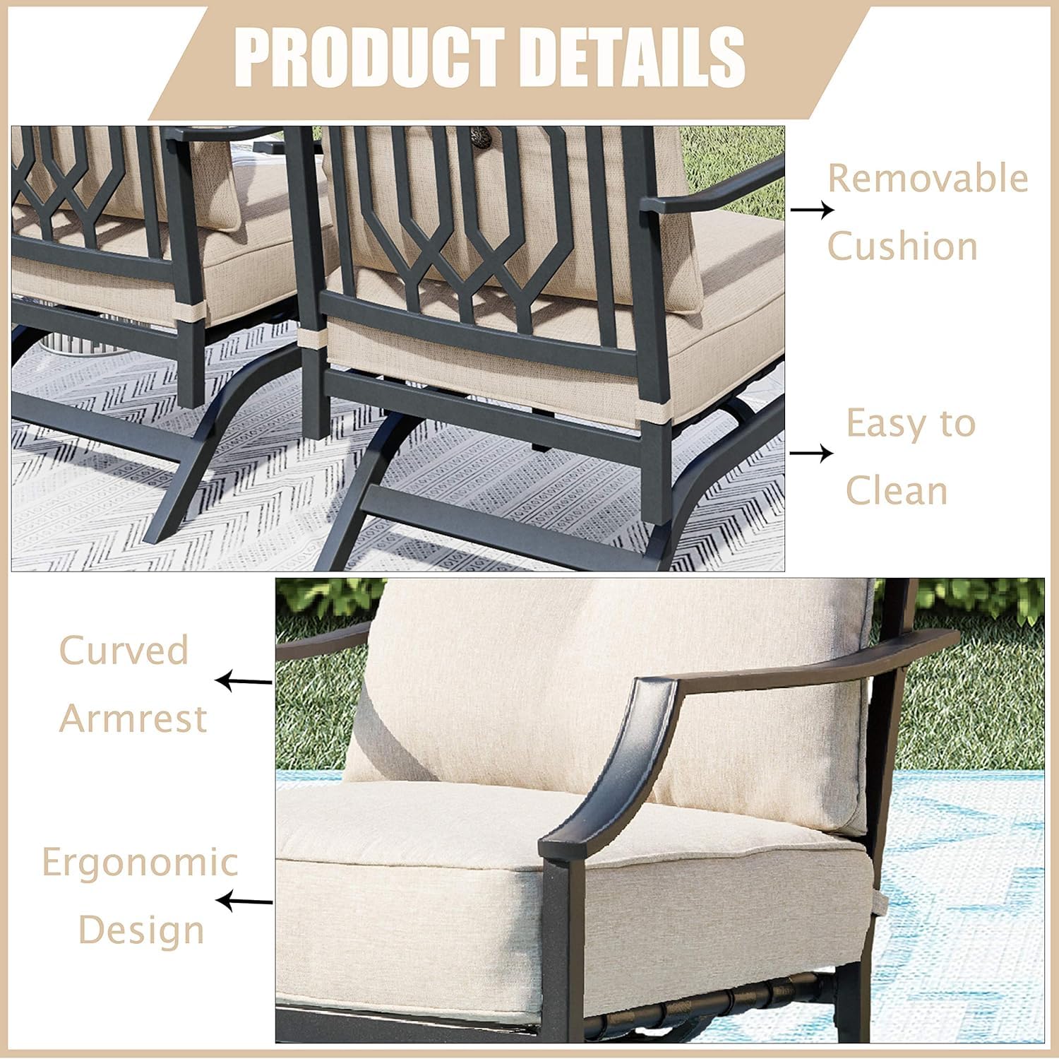 LOKATSE HOME Outdoor Patio Iron Steel Bistro Club Furniture Conversation Sets Modern Dining Chair with Cushion-Beige