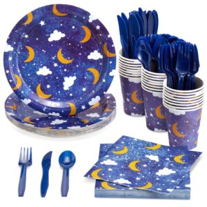 blue panda twinkle twinkle little star baby shower decorations with paper plates, napkins, cups and cutlery (serves 24) - moon and stars baby shower plates - over the moon baby shower decorations