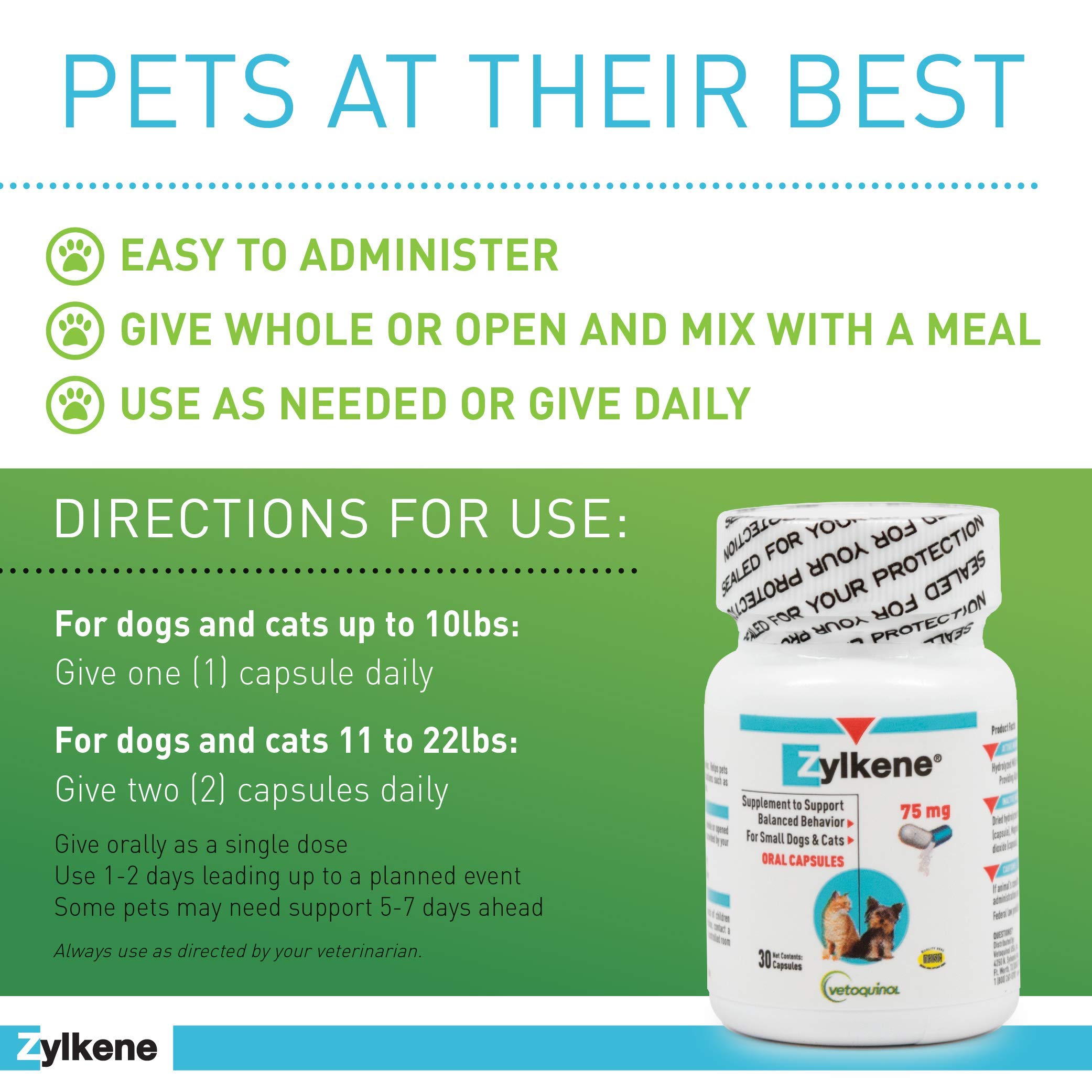 Vetoquinol Zylkene Calming Support Supplement for Small Dogs and Cats, Helps Promote Relaxation and Reduce External Stress Factors, Daily Behavioral Support and Anxiety Relief for Dogs and Cats, 75mg