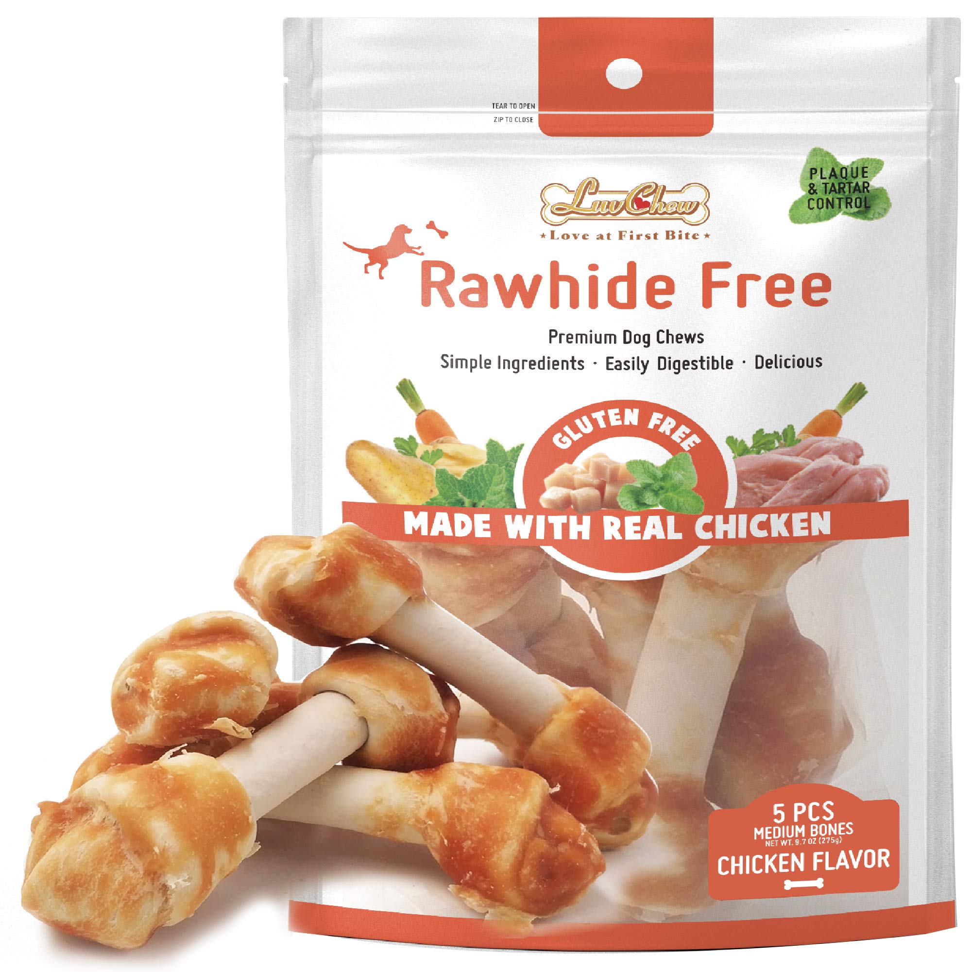 LuvChew Chicken Dog Chew Bones Medium, Rawhide Free, Grain Free, Made with Real Chicken & Wholesome Vegetables, Knotted Bones Medium 5pcs/Pack