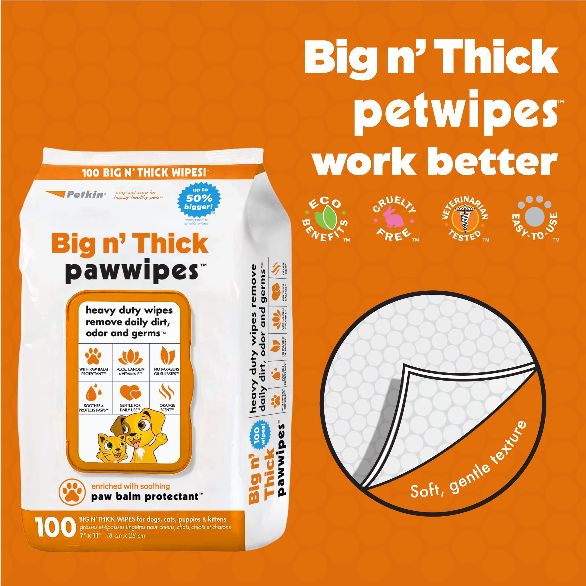 Petkin Big N' Thick Paw Wipes for Dogs, 100 Large Wipes - Clean Dirty Paws After Muddy Walks, with Paw Balm Protectant - Keep Floors and Furniture Clean - Ideal for Home or Travel - Orange Scent