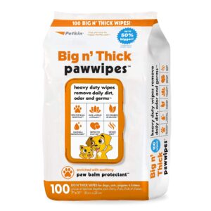 petkin big n' thick paw wipes for dogs, 100 large wipes - clean dirty paws after muddy walks, with paw balm protectant - keep floors and furniture clean - ideal for home or travel - orange scent