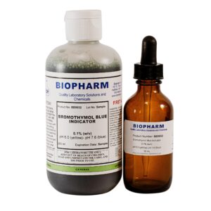 biopharm bromothymol blue indicator 0.1% (w/v) aqueous solution | 250 ml | includes an empty 50 ml dropper bottle and dispensing cap | ph 6.0 (yellow)-ph 7.6 (blue)