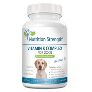 nutrition strength vitamin k for dogs, vitamins k1 & k2 (mk4 & mk7) + vitamin d3, help maintain strong bones, promote healthy heart, boost immune system, support muscle function, 120 chewable tablets