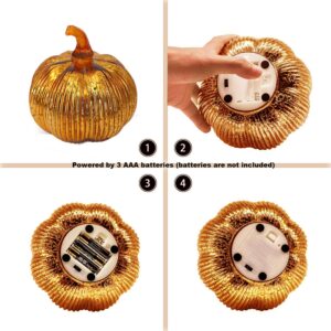 hvfun Mercury Glass Light up Pumpkin with Timer- Fall Decoration for Home-Lamps for Festive Decoration-Halloween Decorations (Gold)