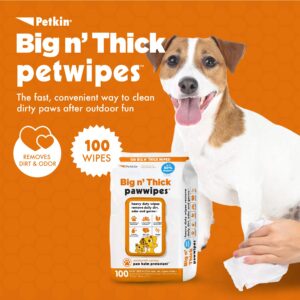 Petkin Big N' Thick Paw Wipes for Dogs, 100 Large Wipes - Clean Dirty Paws After Muddy Walks, with Paw Balm Protectant - Keep Floors and Furniture Clean - Ideal for Home or Travel - Orange Scent