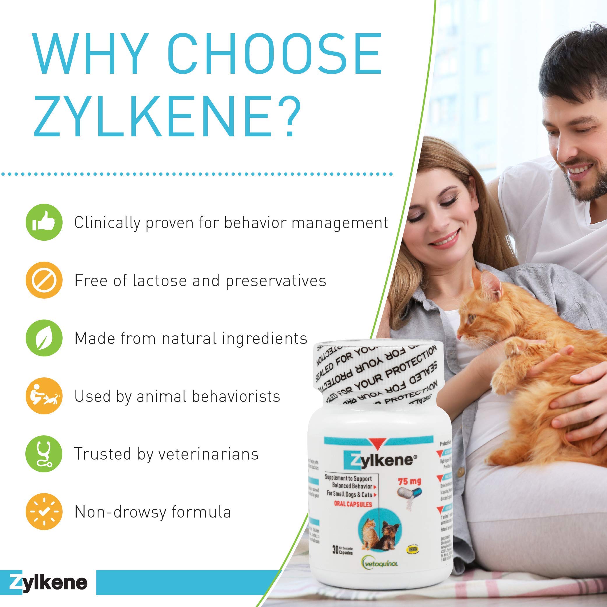 Vetoquinol Zylkene Calming Support Supplement for Small Dogs and Cats, Helps Promote Relaxation and Reduce External Stress Factors, Daily Behavioral Support and Anxiety Relief for Dogs and Cats, 75mg