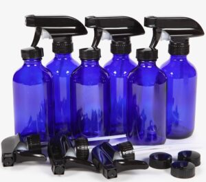 vivaplex, 6, large, 8 oz, empty, cobalt blue glass spray bottles with black trigger sprayers and lids