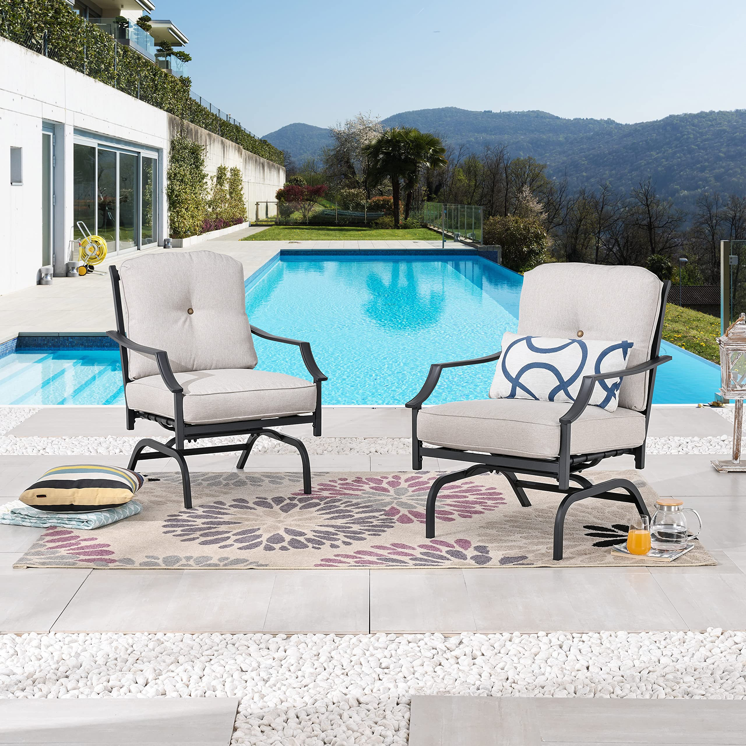 LOKATSE HOME Outdoor Patio Iron Steel Bistro Club Furniture Conversation Sets Modern Dining Chair with Cushion-Beige