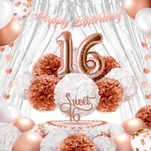 epiqueone 41-piece rose gold sweet 16 birthday decoration for girls | includes happy birthday banner, cake topper, tissue pom poms & more | easy to set up | also ideal for bridal & baby showers & more