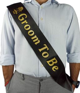 groom sash, future groom sash for bachelor party stag night engagement celebration supplies favors, wedding gift from bride, best man or groomsmen, groom to be black and gold satin sash - 1 pack