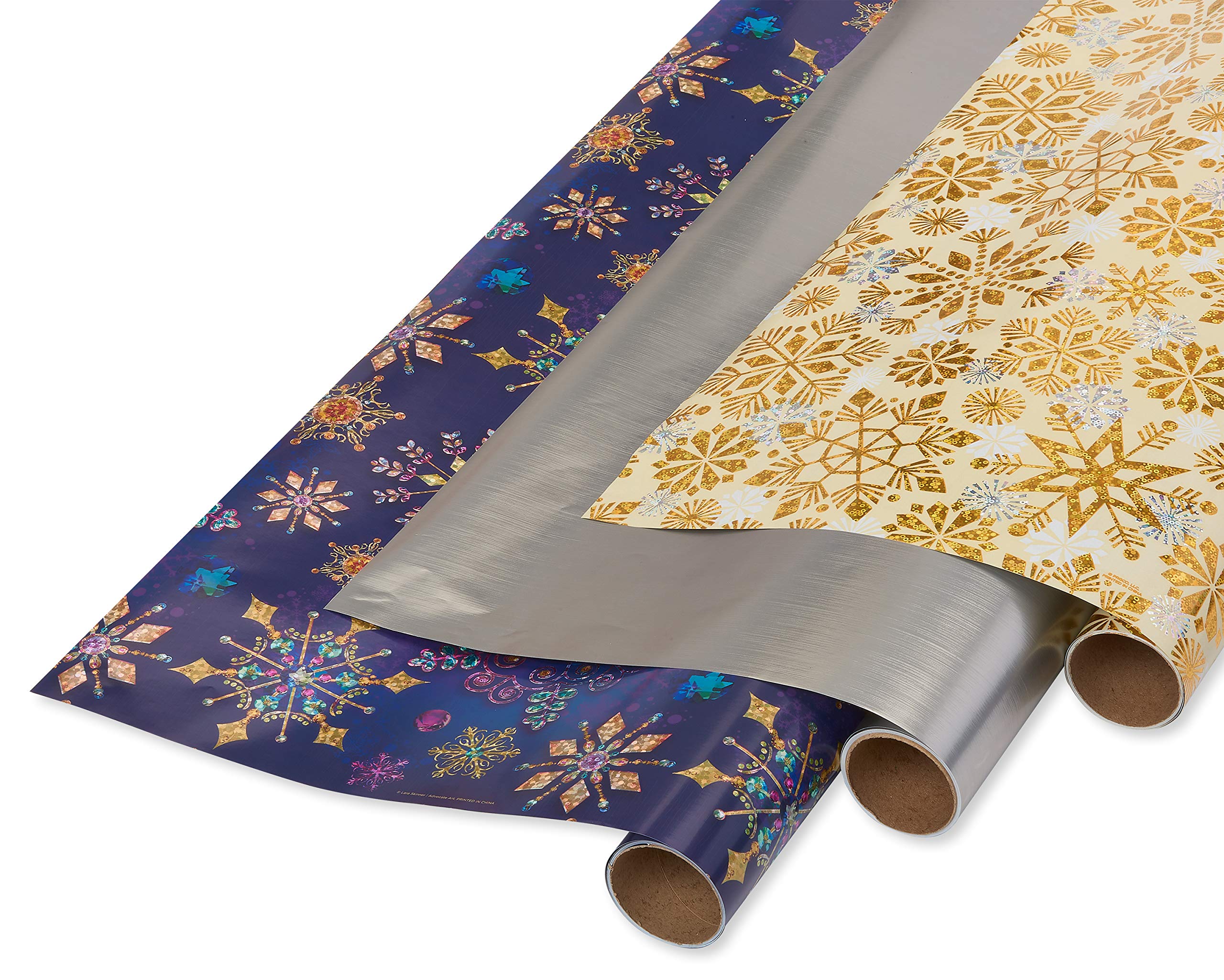 Papyrus Wrapping Paper Rolls for Christmas, Hanukkah, and All Holidays, Snowflakes Print and Metallic Silver (3 Rolls, 62.5 sq. ft.)