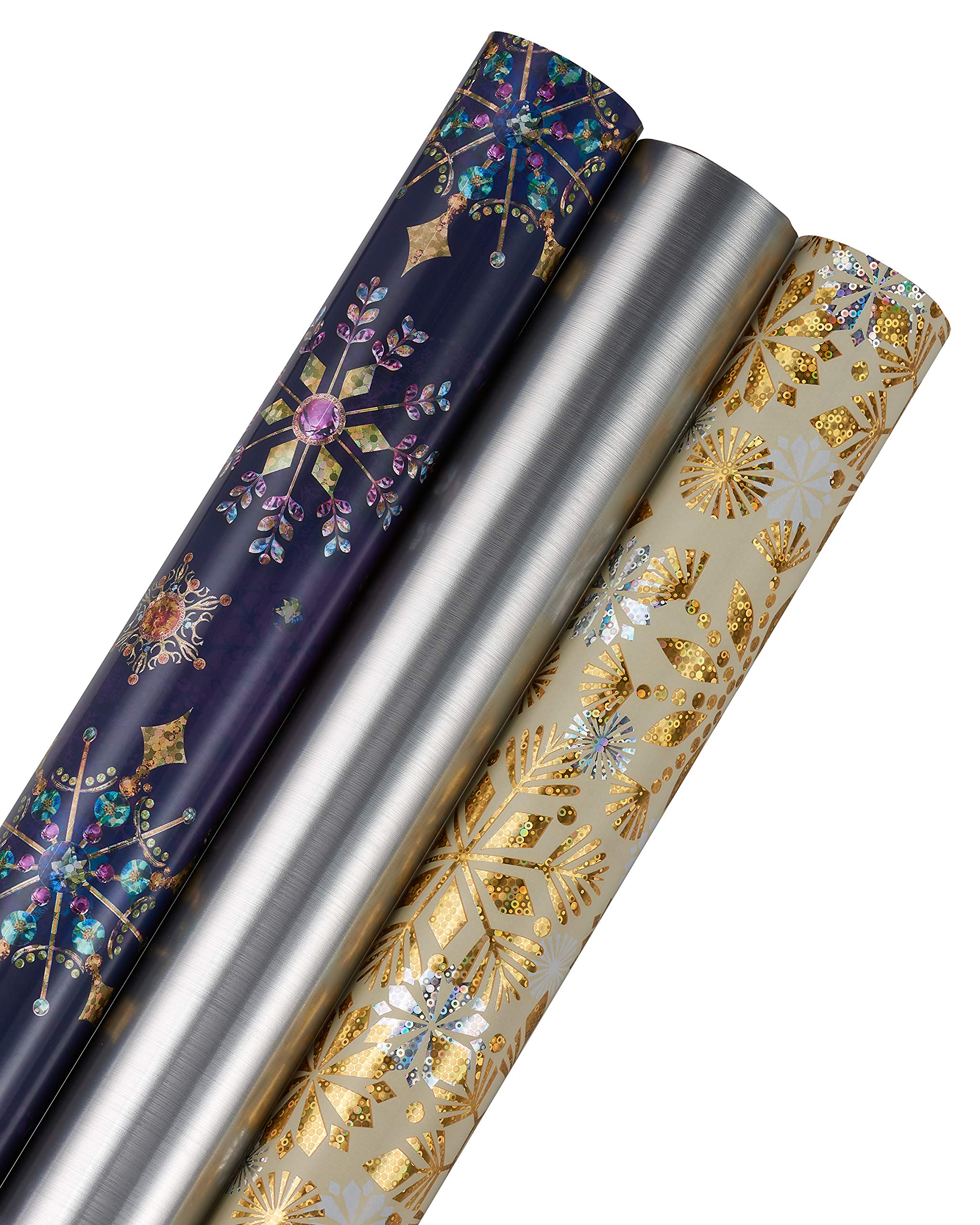 Papyrus Wrapping Paper Rolls for Christmas, Hanukkah, and All Holidays, Snowflakes Print and Metallic Silver (3 Rolls, 62.5 sq. ft.)