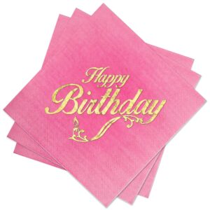 72 pack birthday party cocktail napkins - 5x5 inches - 3 ply - pink ombre color with happy birthday gold foil stamp