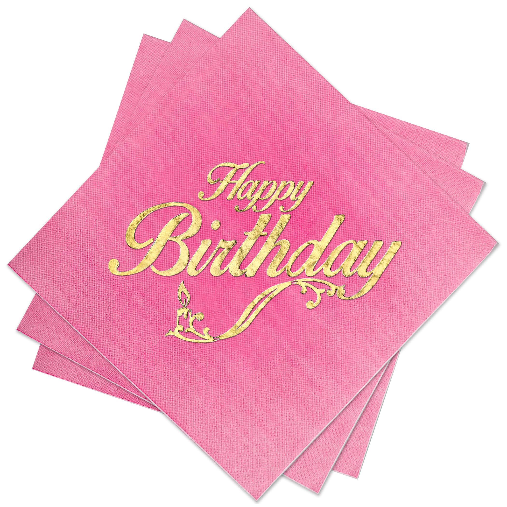 72 Pack Birthday Party Cocktail Napkins - 5x5 Inches - 3 Ply - Pink Ombre Color with Happy Birthday Gold Foil Stamp