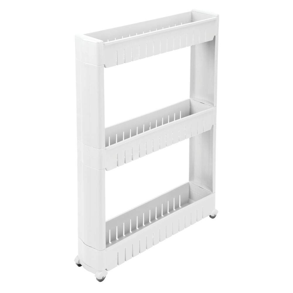 mDesign Slim Plastic Rolling Laundry Utility Cart, Portable Storage Organizer Trolley - Easy-Glide Wheels and 3 Heavy-Duty Shelves, for Laundry, Utility Room, Kitchen or Pantry Storage - White