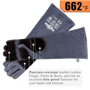 RAPICCA Animal Handling Gloves Bite Proof Reinforced Leather Padding Dog,Cat Scratch,Bird Handling Falconry Gloves Grabbing,Reptile Squirrel Snake Bite 22in Grey-Black