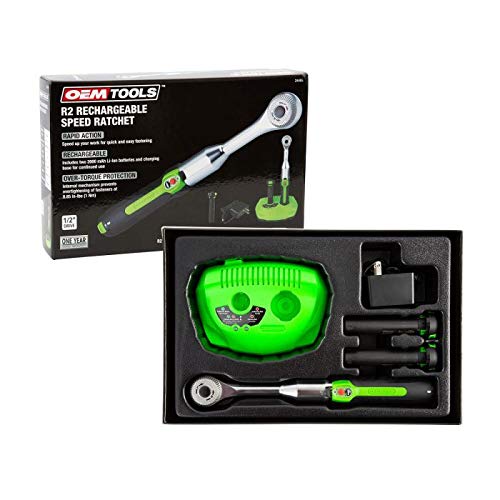 OEMTOOLS 24494 3/8" Drive R2 Powered Speed Ratchet, Electric Cordless Ratcheting Wrench, Includes 2 Li-ion Rechargeable Batteries and Charging Base