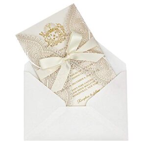 Picky Bride 25-Pack Ivory Laser Cut Lace Wedding Invitations Wraps with Shimmer Insert and Ribbon Bow, Elegant Invite Cards for Wedding/Bridal Shower/Birthday Party, 125 x 185mm (25 Invitations)