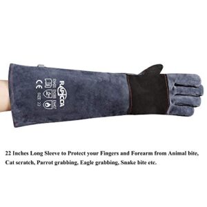 RAPICCA Animal Handling Gloves Bite Proof Reinforced Leather Padding Dog,Cat Scratch,Bird Handling Falconry Gloves Grabbing,Reptile Squirrel Snake Bite 22in Grey-Black