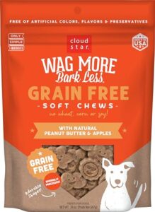 cloud star wag more bark less soft chews grain free dog treats, peanut butter & apples, 20 oz. pouch