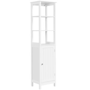 yaheetech bathroom floor cabinet, wooden tall freestanding cabinet with 3 tier shelves and door organizer, elegant linen tower rack stand for living room, 63 in height, white