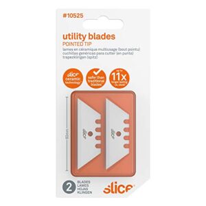 slice 10525 ceramic utility blades (pointed tip), true safety blades, finger friendly, safe to touch, 11x longer lasting than metal, double-sided blades extend blade life, never rusts (2 blades)