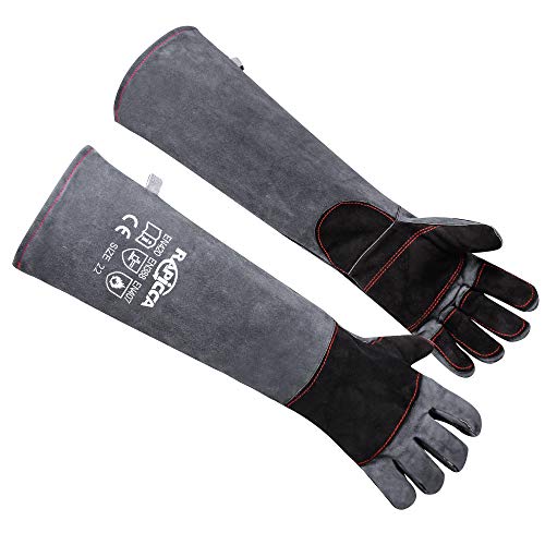 RAPICCA Animal Handling Gloves Bite Proof Reinforced Leather Padding Dog,Cat Scratch,Bird Handling Falconry Gloves Grabbing,Reptile Squirrel Snake Bite 22in Grey-Black