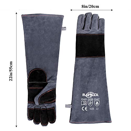 RAPICCA Animal Handling Gloves Bite Proof Reinforced Leather Padding Dog,Cat Scratch,Bird Handling Falconry Gloves Grabbing,Reptile Squirrel Snake Bite 22in Grey-Black