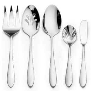 haware 5-piece serving utensil set, stainless steel hostess set with spoon fork, modern and elegant, mirrored finish and dishwasher safe