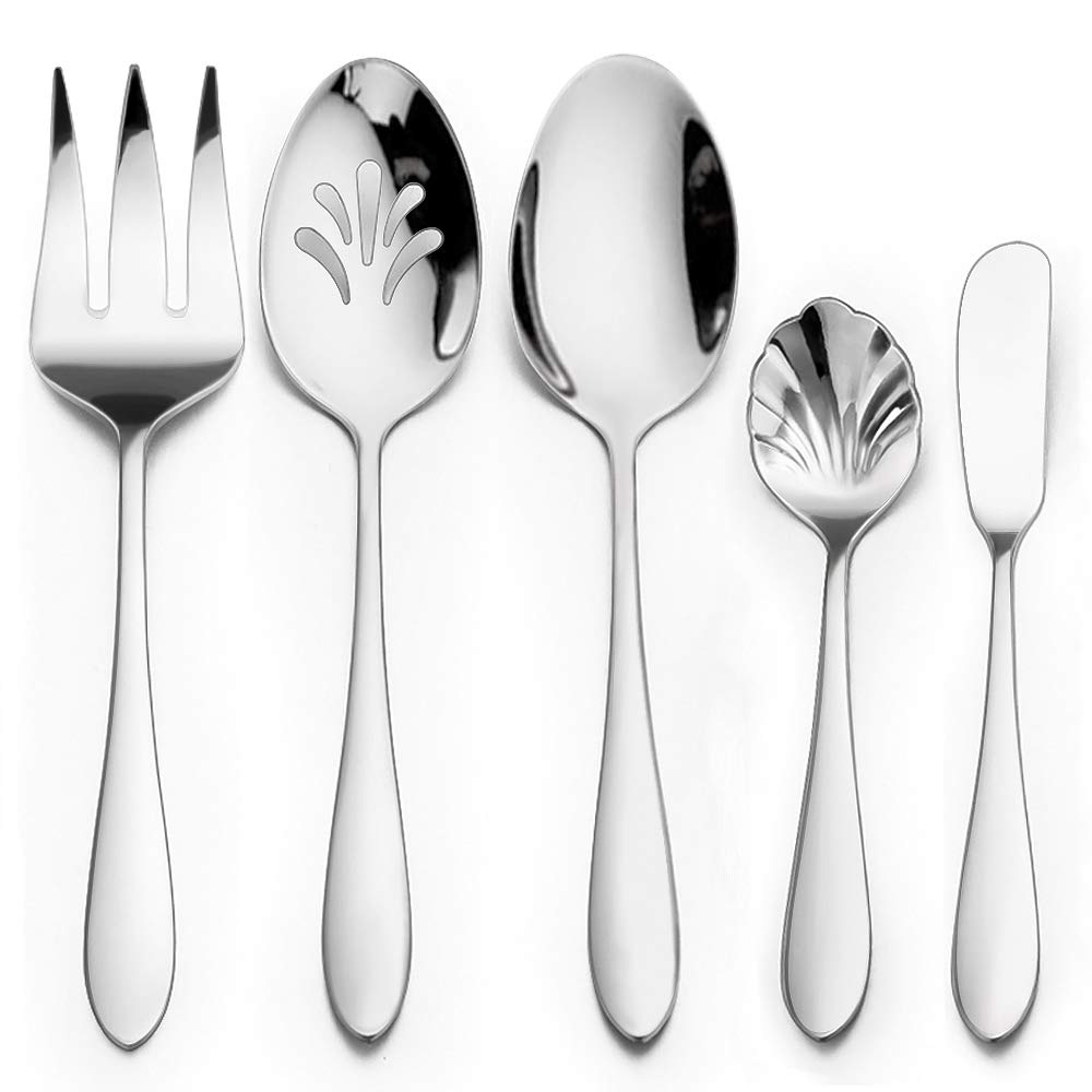 HaWare 5-Piece Serving Utensil Set, Stainless Steel Hostess Set with Spoon Fork, Modern and Elegant, Mirrored Finish and Dishwasher Safe