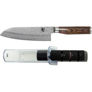 shun premier 7-inch santoku knife and kai retractable knife sharpener set