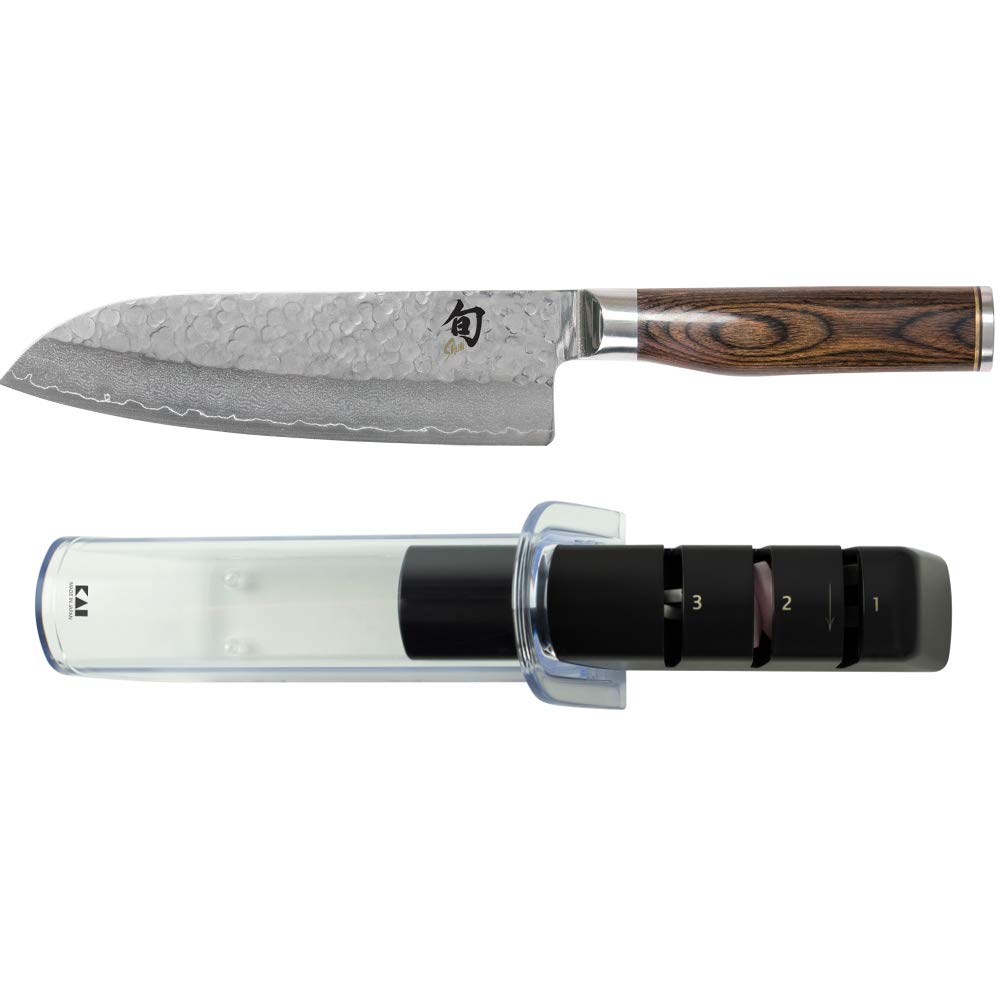 Shun Premier 7-Inch Santoku Knife and Kai Retractable Knife Sharpener Set