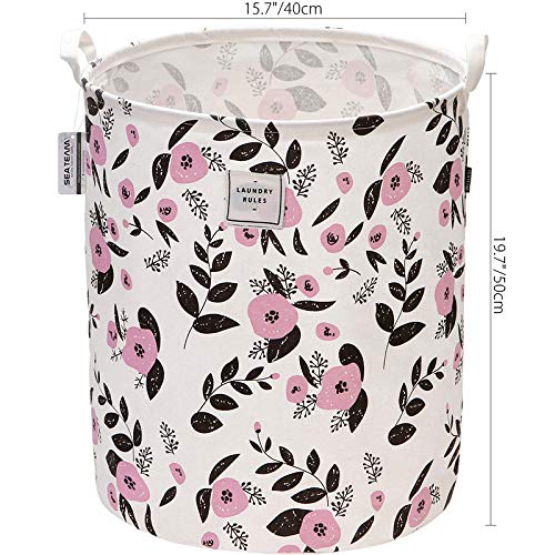 Sea Team 19.7" x 15.7" Large Sized Folding Cylindric Canvas Fabric Laundry Hamper Storage Basket with Floral Pattern, Pink & Black