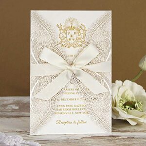 Picky Bride 25-Pack Ivory Laser Cut Lace Wedding Invitations Wraps with Shimmer Insert and Ribbon Bow, Elegant Invite Cards for Wedding/Bridal Shower/Birthday Party, 125 x 185mm (25 Invitations)