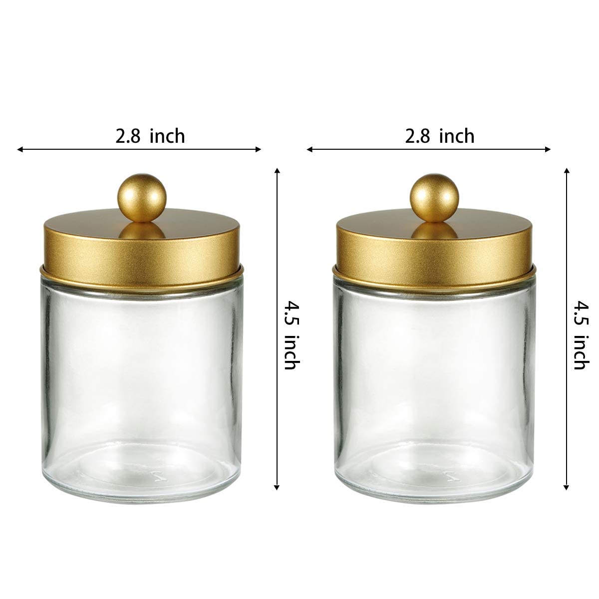 Amolliar Apothecary Jars Bathroom Storage Organizer -Countertop Storage Organizer Canister Jar - Cute Qtip Dispenser Holder Glass with Lid- for Cotton Swabs,Bath Salts,Hair Band / 2-Pack(Gold)